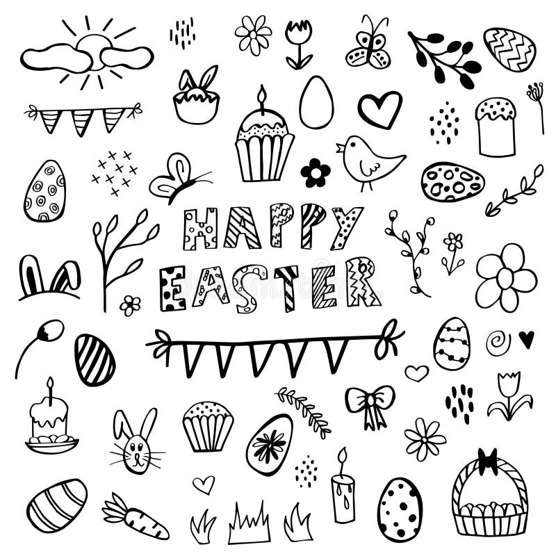 Drawn Vector Set Happy Easter, Easter Eggs, Cakes, Rabbits, Spring ...