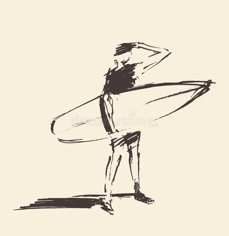 Drawn Vector Young Man Beach Surfboard Sketch Stock Vector ...