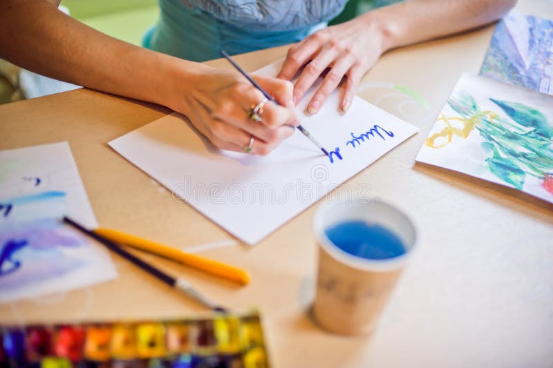 Draws the Brush on the Paper Blue Stock Image - Image of colorful ...