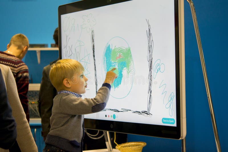 Draws Finger Large Touch Screen Editorial Stock Image - Image of large ...