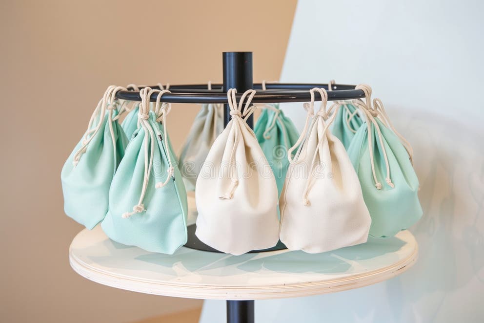 Drawstring Beach Bags Presented on a Spinning Display Rack Stock Image ...