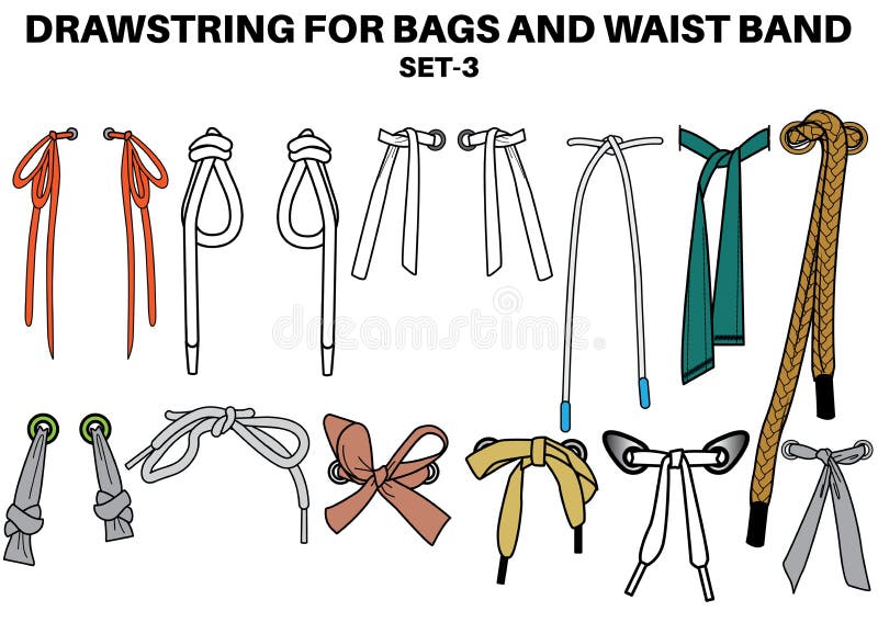Drawstring Cord Stopper Flat Sketch Vector Illustrator Set Of Draw