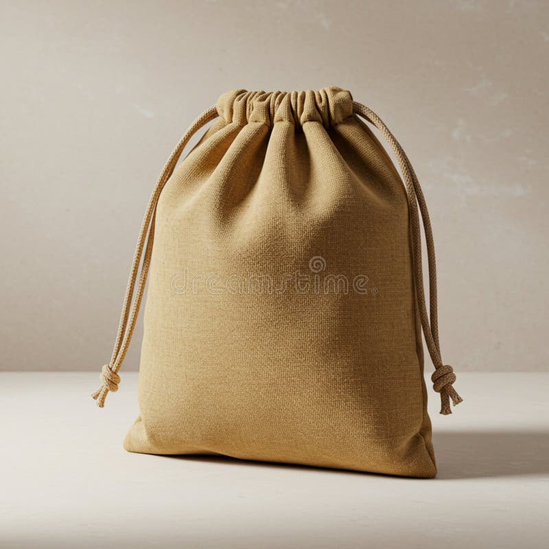 A Drawstring Pouch Made of Coarse Brown Fabric Rests on a Flat Surface ...