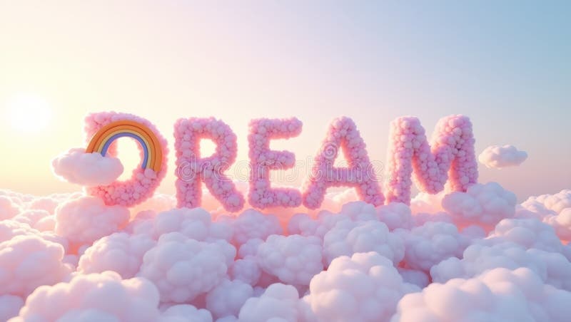 DREAM in 3D Cursive Font Made of Fluffy Clouds and Rainbows Set in a ...