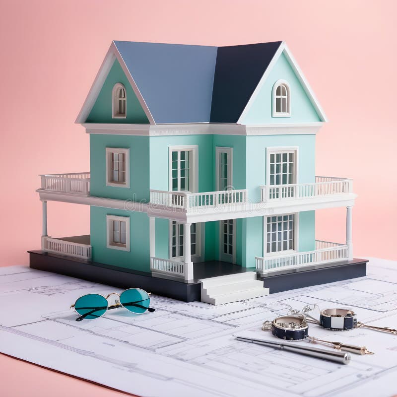 Dream Home Architectural Plans with Sunglasses and Compass. Stock ...