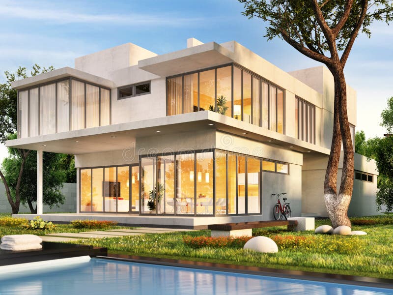 The Dream House with Swimming Pool Stock Photo - Image of country ...