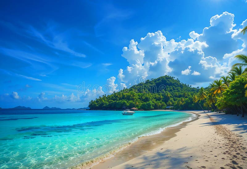 Dream Island Escape with Sandy Beach and Anchored Yacht Stock Illustration - Illustration of ...