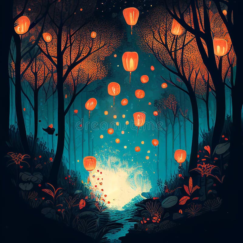 Dream-like Forest Filled with Floating Lanterns Stock Illustration ...