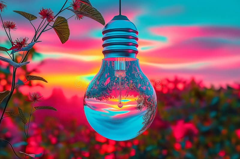 Glowing Light Bulb with a Stunning Sunset Reflection, Evoking ...