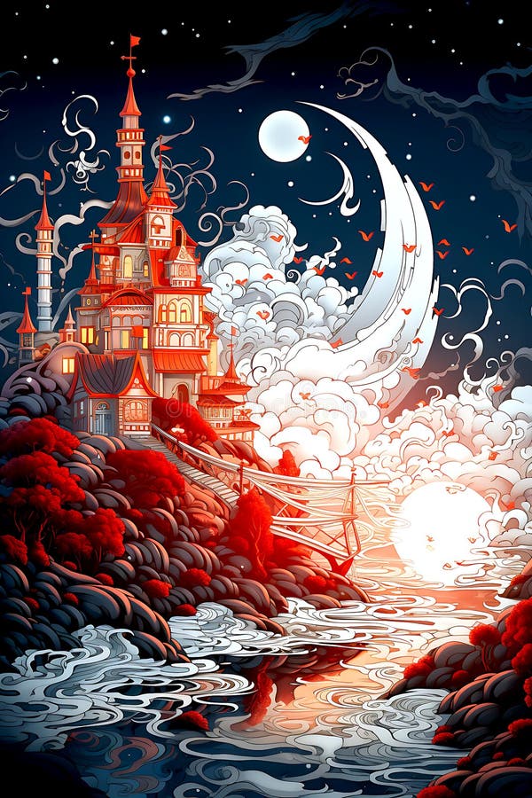 Whimsical Castle, Swirling Clouds, Bright Moon, Red Trees, Fantastical ...