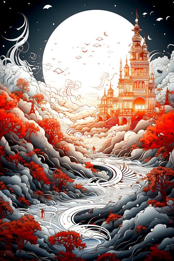 Whimsical Castle, Swirling Clouds, Bright Moon, Red Trees, Fantastical ...