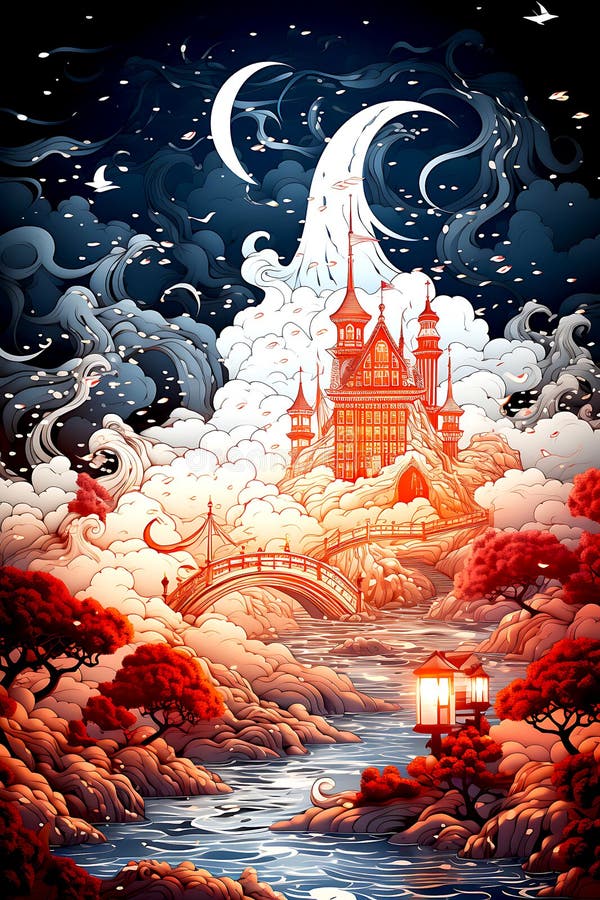 Whimsical Castle, Swirling Clouds, Bright Moon, Red Trees, Fantastical ...