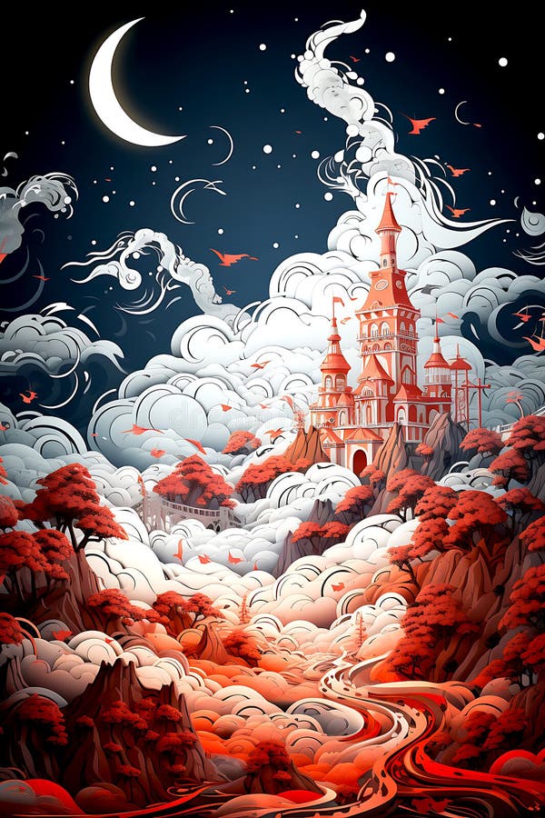 Whimsical Castle, Swirling Clouds, Bright Moon, Red Trees, Fantastical ...