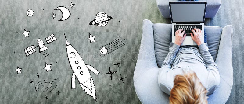 Dream of Space and Rocket with Man Using a Laptop Stock Photo - Image ...