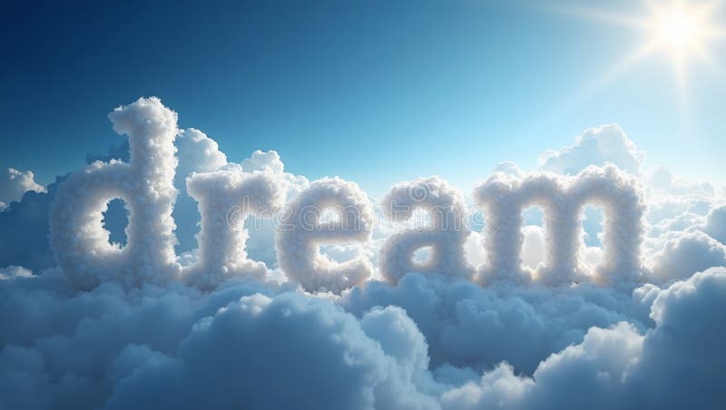 Dream Word Spelled with Fluffy Clouds in Blue Sky Sunlight Breaking ...