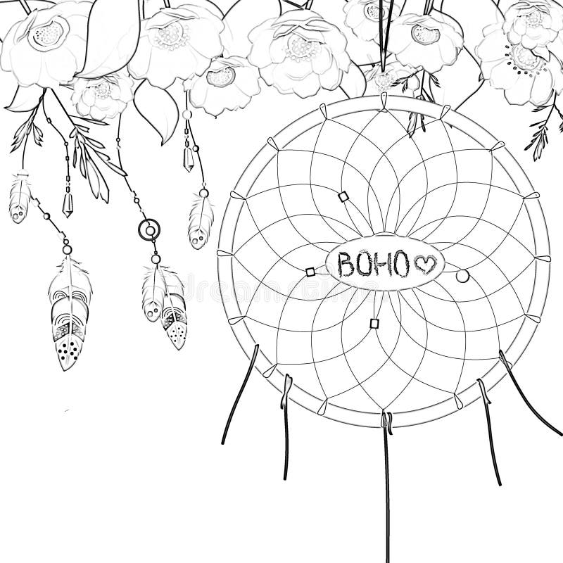 Dreamcatcher in Boho Style, Feathers Coloring Boo Stock Illustration ...