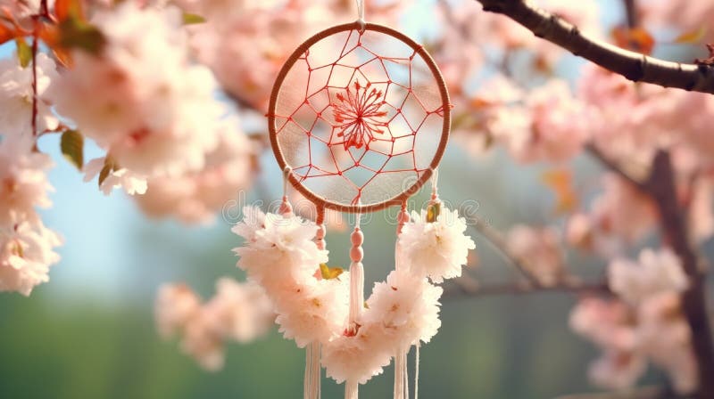 Dreamcatcher Hanging on Blooming Tree in Wind at Springtime. Stock ...