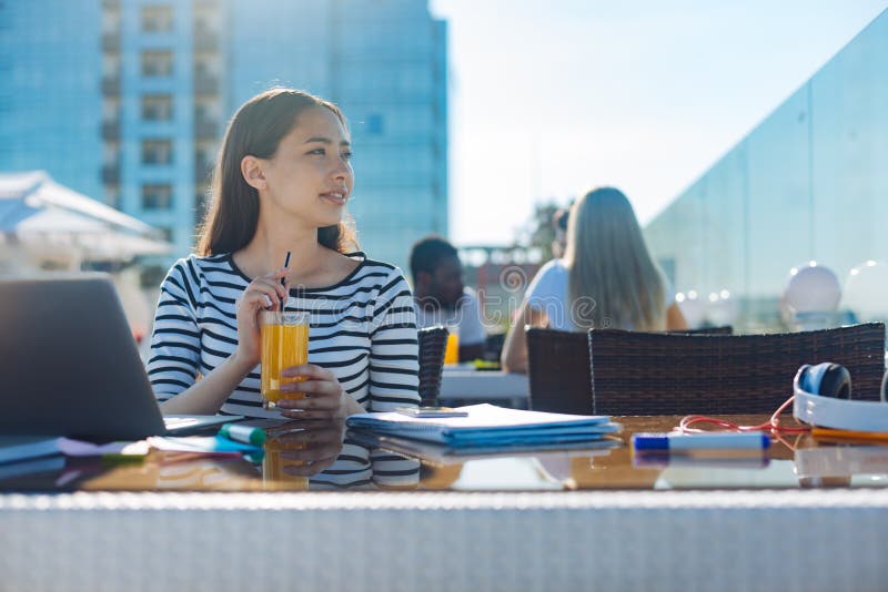 Dreaming Freelancer Drinking Juice while Working Stock Image - Image of ...