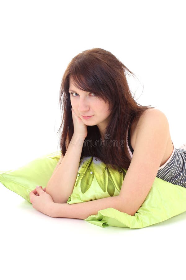 Dreaming Girl in Pajamas Lying with Green Pillow Stock Image - Image of ...