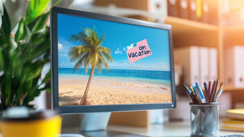 Dreaming of Vacation at Work! Palm Tree Beach on Computer Screen with a ...
