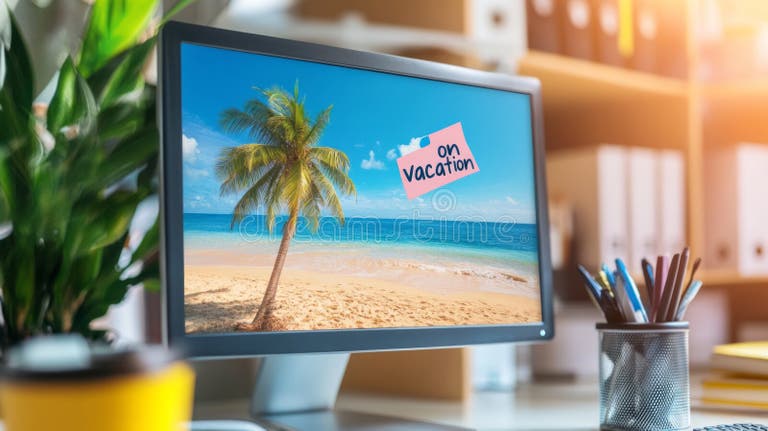Dreaming of Vacation at Work! Palm Tree Beach on Computer Screen with a ...