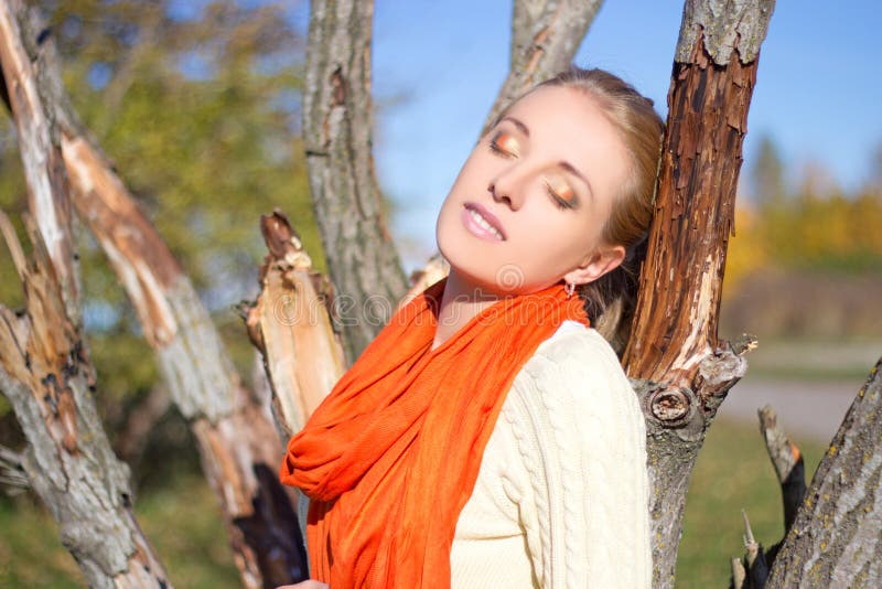 Dreaming Woman and Dried Tree in Autumn Park Stock Photo - Image of ...