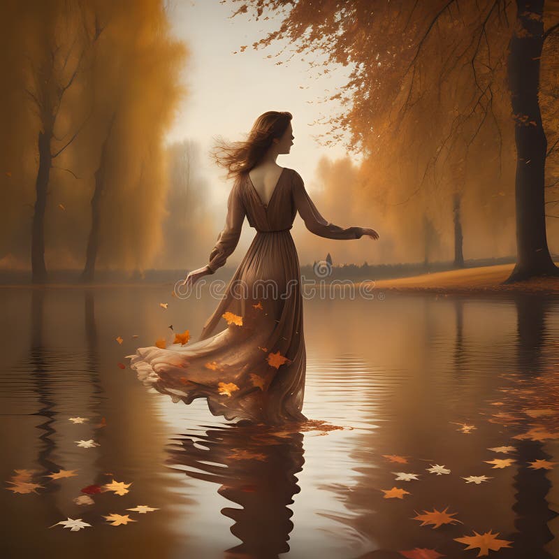 Dreamlike Autumn Scene with Running Woman and Falling Leaves. Romantic ... Dreamlike Autumn Scene with Running Woman and Falling Leaves. Romantic ...