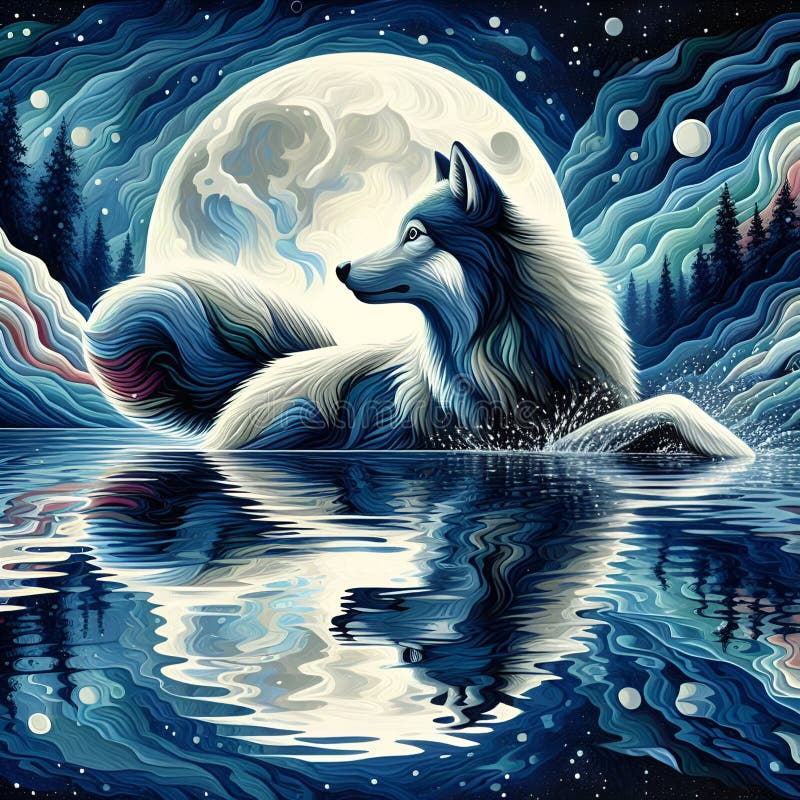 A Dreamlike Bold Painting Art, a Wolf in Moonlit Lake, Reflection Water ... A Dreamlike Bold Painting Art, a Wolf in Moonlit Lake, Reflection Water ...