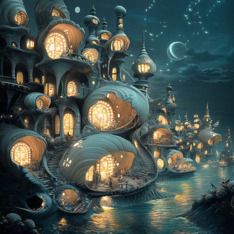 Dreamlike Cityscape of Enormous Seashell Architecture Under a Night Sky ...