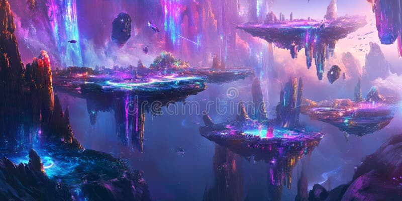 Dreamlike 3d Background Field Floating Islands Each Connected Glowing ...