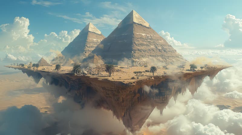 Dreamlike Desert Landscape with Floating Islands and Pyramids Stock ...