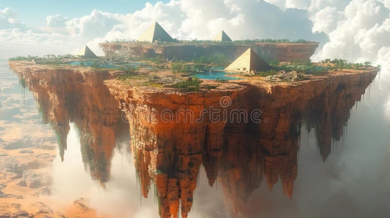 Dreamlike Desert Landscape with Floating Islands and Pyramids Stock ...