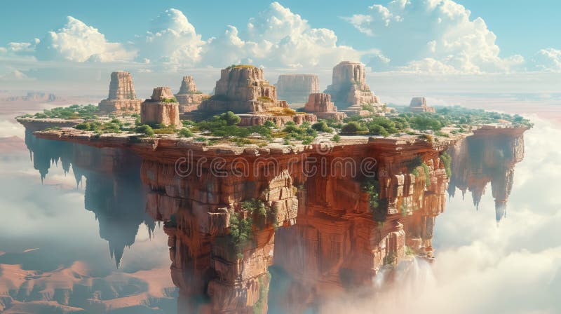 Dreamlike Desert Landscape with Floating Islands and Pyramids Stock ...