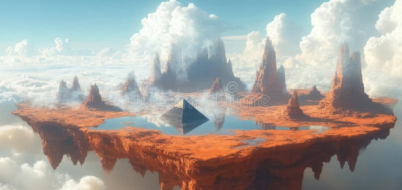 Dreamlike Desert Landscape with Floating Islands and Pyramids Stock ...