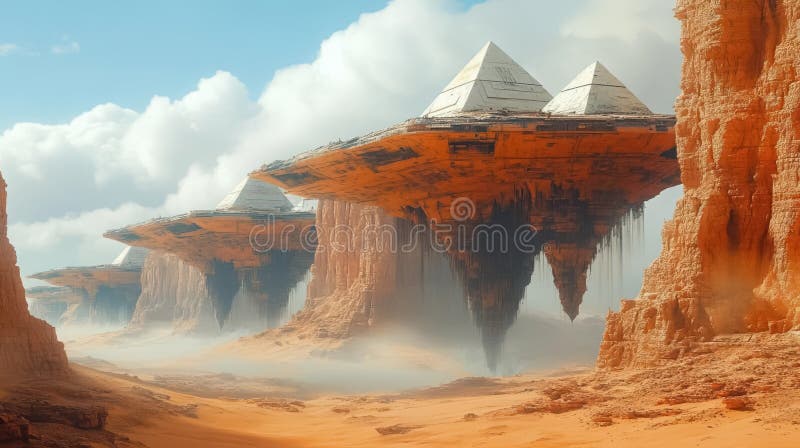 Dreamlike Desert Landscape with Floating Islands and Pyramids Stock ...