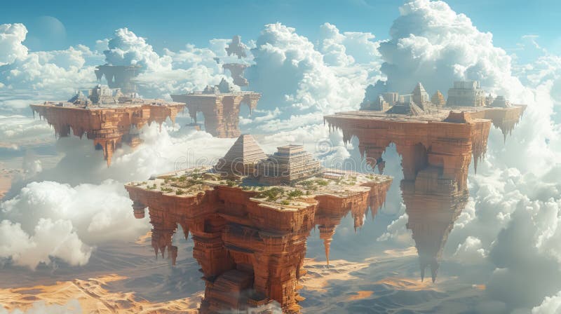 Dreamlike Desert Landscape with Floating Islands and Pyramids Stock ...