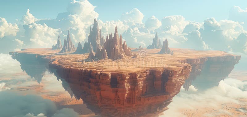 Dreamlike Desert Landscape with Floating Islands and Pyramids Stock ...