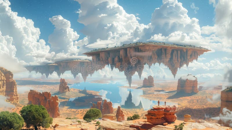 Dreamlike Desert Landscape with Floating Islands and Pyramids Stock ...
