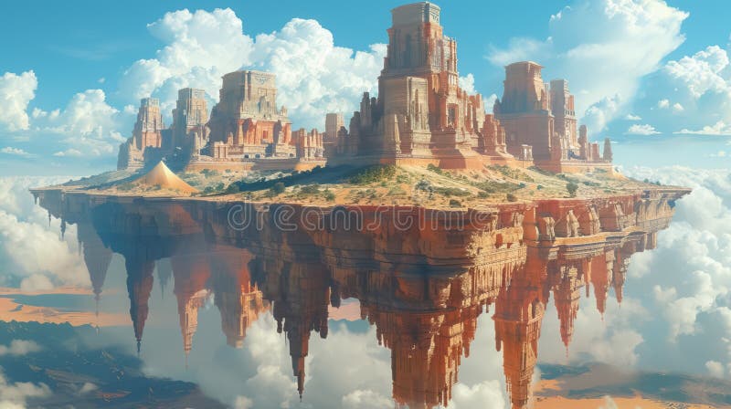 Dreamlike Desert Landscape with Floating Islands and Pyramids Stock ...