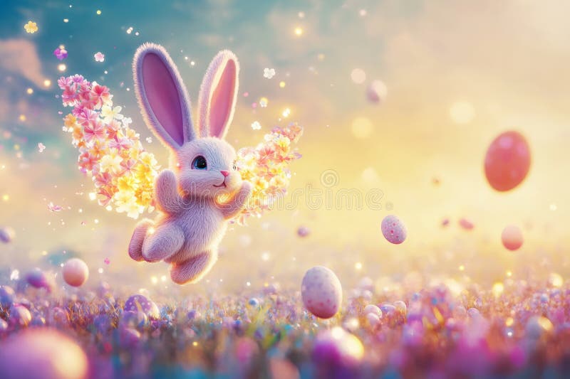 A Dreamlike Easter Bunny with Wings Made of Flowers, Flying through a ...