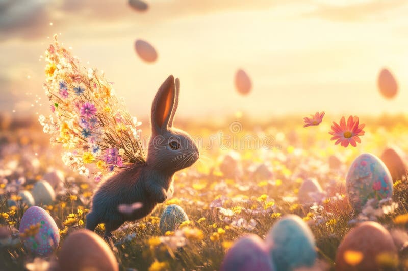 A Dreamlike Easter Bunny with Wings Made of Flowers, Flying through a ...
