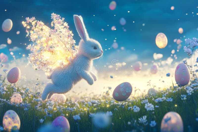 A Dreamlike Easter Bunny with Wings Made of Flowers, Flying through a ...