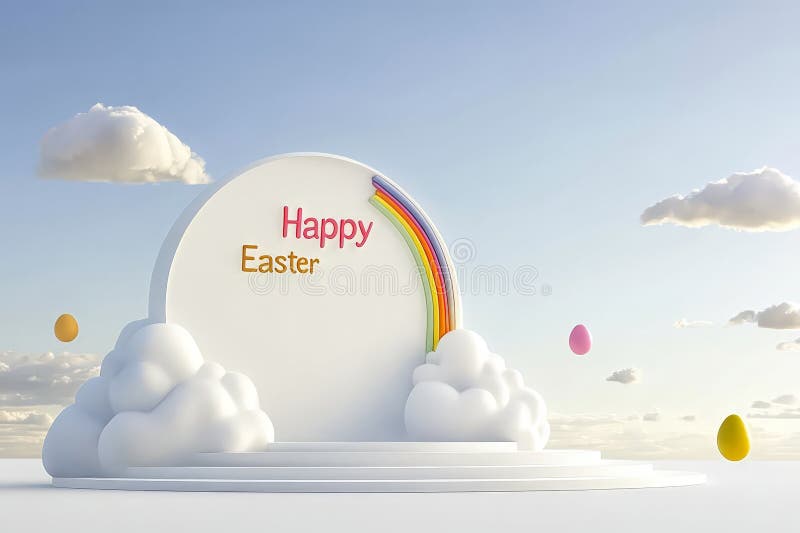 Dreamlike Easter Scene with Fluffy White Clouds, Pastel Rainbow, and ...