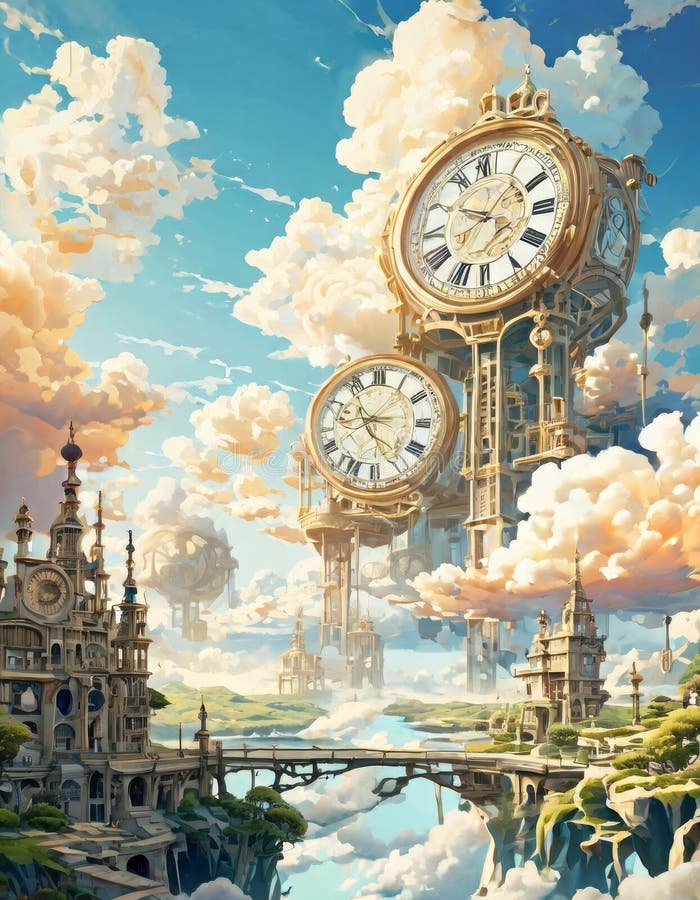 Dreamlike Floating Clocks in a Surreal Sky with Clouds Stock Image ...