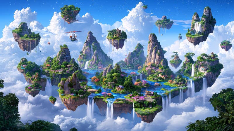 A Dreamlike Floating Scene Featuring Cascading Waterfalls, Lush ...