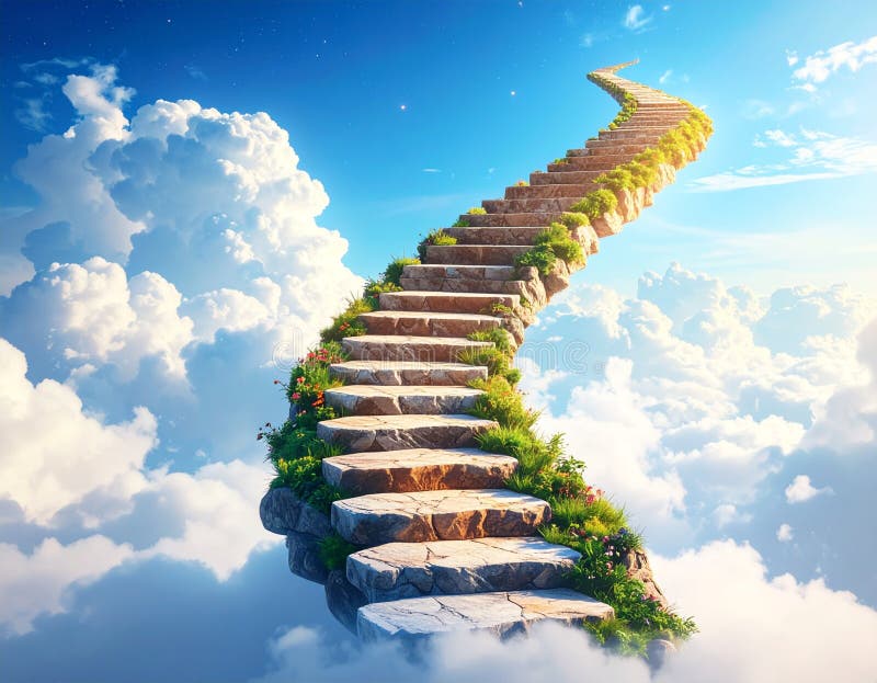 Dreamlike Floating Steps Made of Stone, Ice, Grass, and Fire Ascending ...