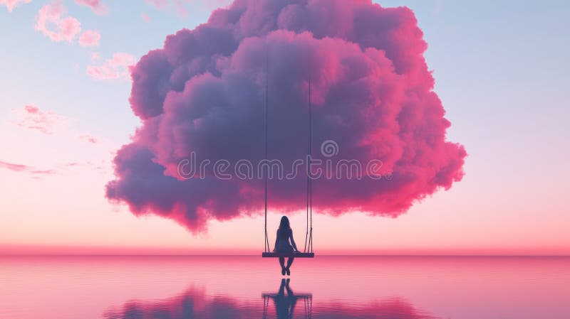 Dreamlike Front View Pink Cloud, Swing and Still Water, Reflective ...