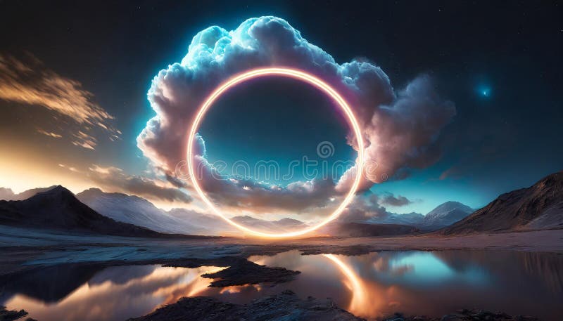 A Dreamlike Image Featuring a Luminous Neon Circle Framing a Cloud Formation, Reflected Over a ...