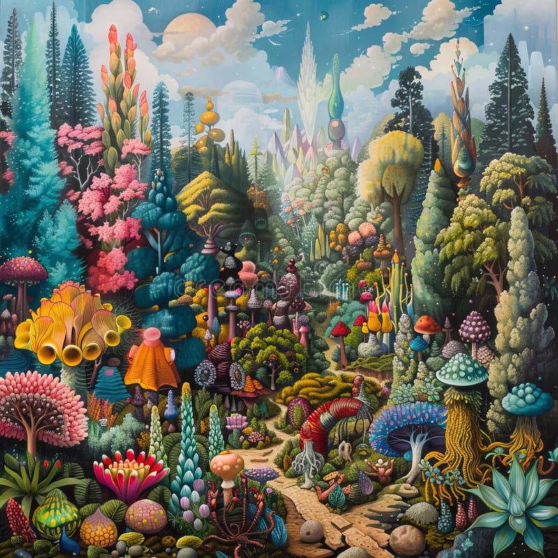 A Dreamlike Landscape Brimming with Surreal Creatures and Plants Stock ...