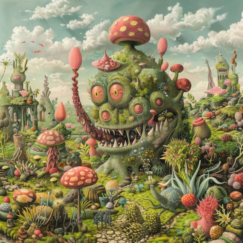 A Dreamlike Landscape Brimming with Surreal Creatures and Plants Stock ...